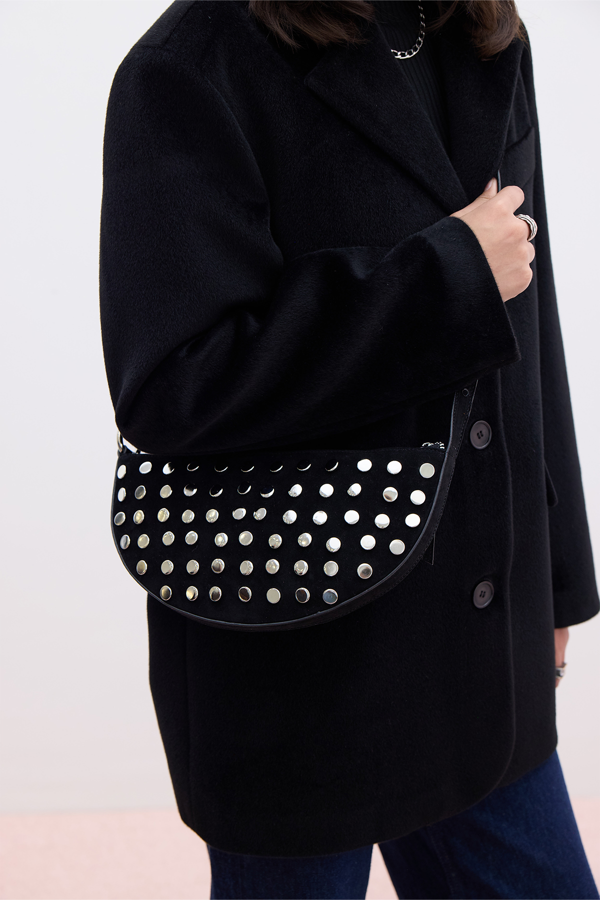 STUDDED FAUX SUEDE BAG BLACK | MANUKA