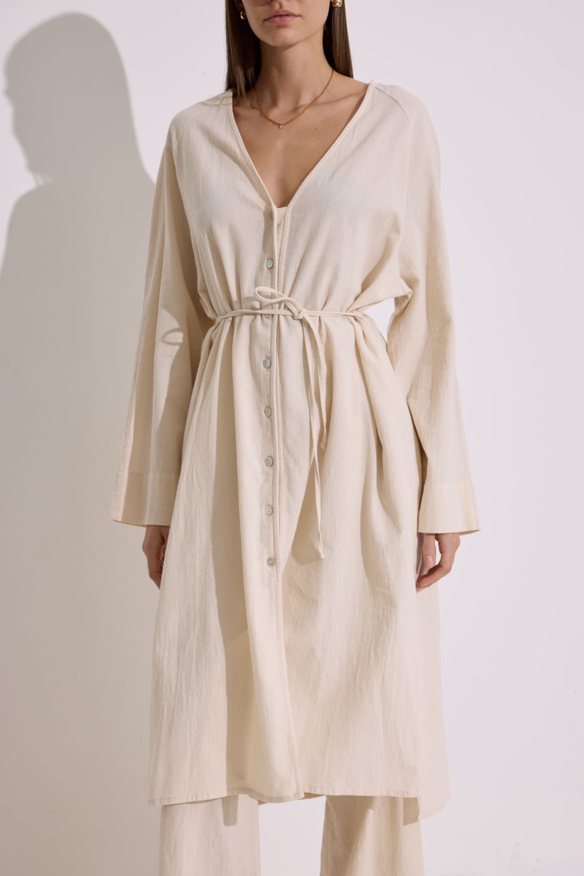 TEXTURED BUTTONED LONG TUNIC NATURAL